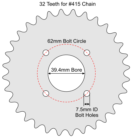 32 Tooth Sprocket for #415 Chain with Custom Mounting Pattern #SPR-41532-C1